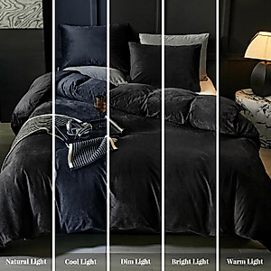 WARMDERN Black Velvet Duvet Cover King Size Flannel Duvet Cover Bedding Sets, 3pcs Ultra Soft Luxury Textured Modern Crystal Velvet Duvet Covers with Zipper Closure(Black, King)