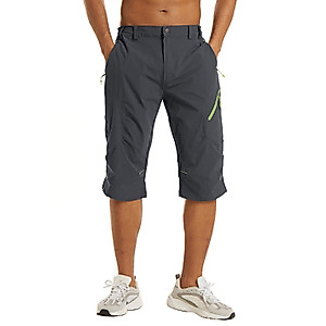 LACSINMO Men's Below Knee Shorts Quick Dry 3/4 Hiking Long Walking Shorts Summer Thin Capris with 4 Zipper Pockets Dark Grey