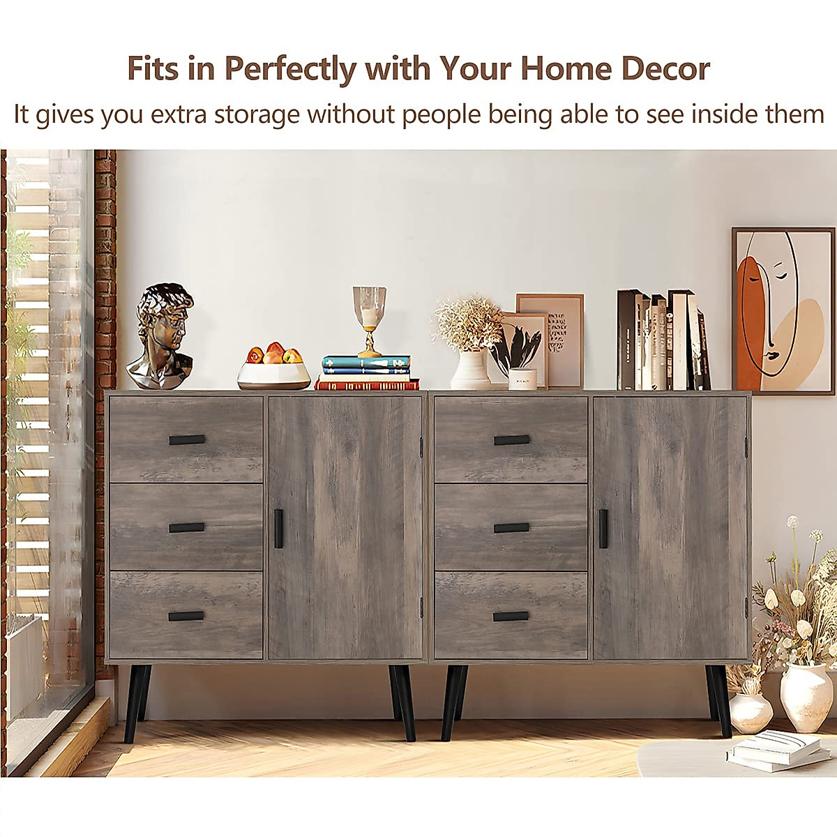 Iwell Storage Cabinet with 3 Drawers and Adjustable Shelf, Sideborad Buffet Cabinet with Door, Accent Cabinet for Living Room, Entryway, Hallway, Rustic Oak