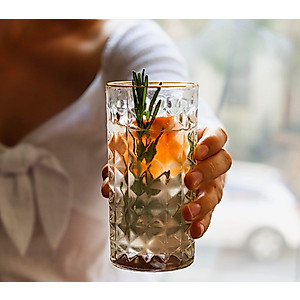 Amehla Co. Gold Rimmed Highball Collins Cocktail Glass Set | Drinking Glasses for Cocktails, Water, Juice, & Iced Tea or Coffee