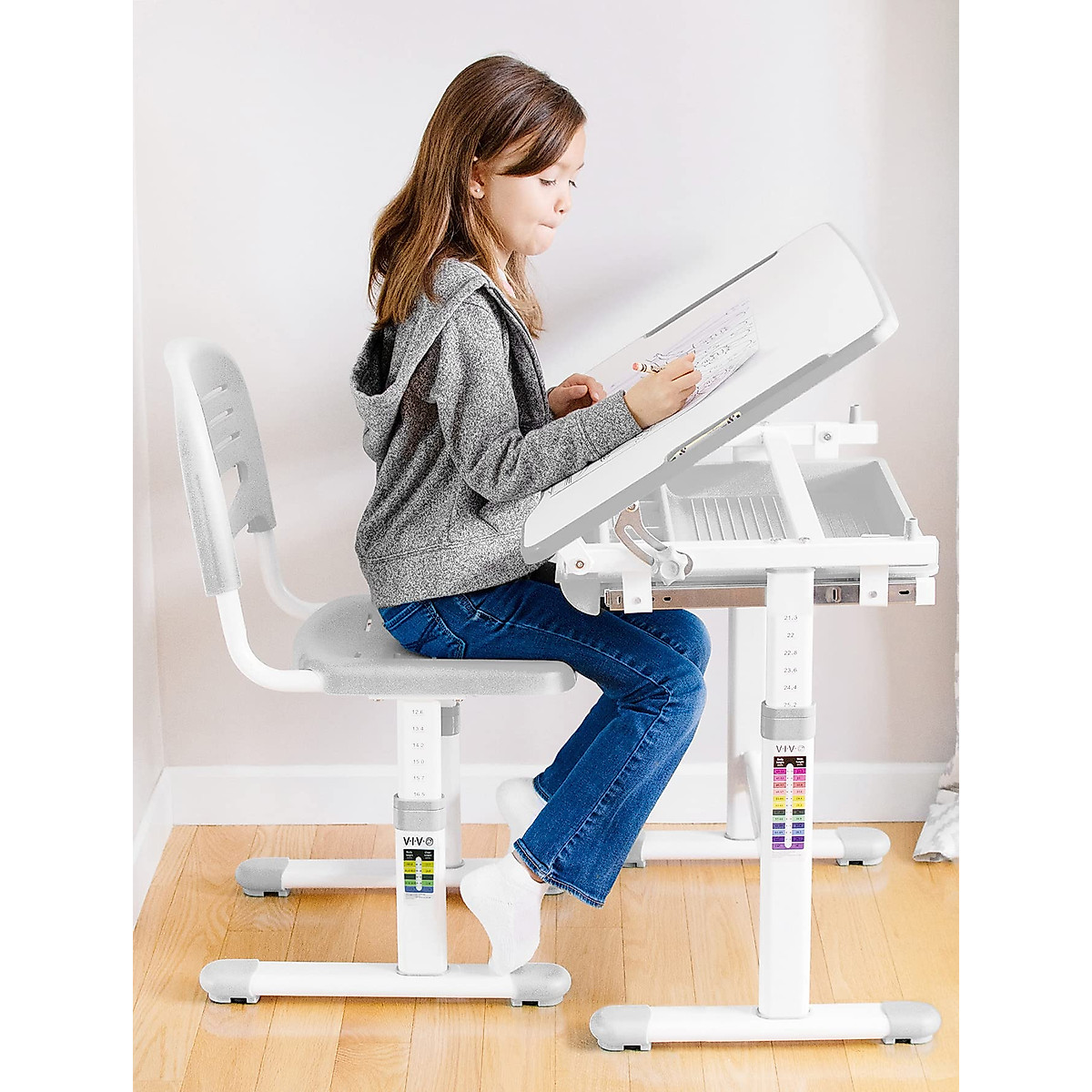 VIVO Gray Height Adjustable Childrens Desk and Chair Set | Kids Interactive Workstation