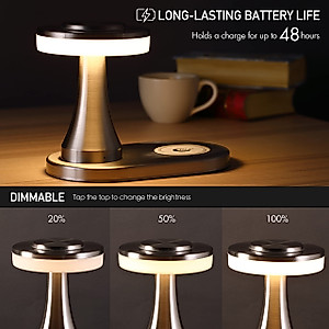 O’Bright - Portable LED Table Lamp with Wireless Charging Pad, Dimmable and Rechargeable Night Lamp, Ambient Light for Patio/Restaurant/Nursery, Bedside Nightstand Lamp, Brushed Nickel