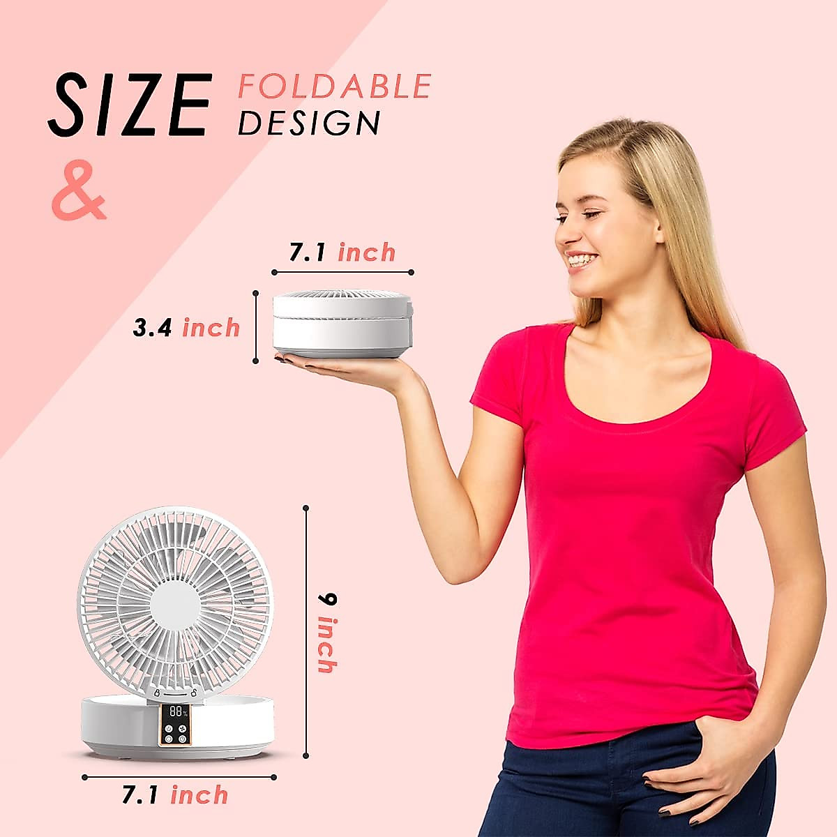 Folding Fan for Bedroom with Reomte, Folding Desk Fan with HD Digital Display, Oscillating Fan with Night Light, Portable Wall Mount Fan 3 Speeds, Quiet Office Fan 120° Rotate USB Rechargeable