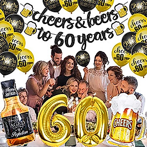 60th Birthday Decorations, 60 Years Anniversary Decorations Cheers to 60 Years Banner, 60 Sign Latex Balloon, 32 Inch Number 60 Gold Foil Balloon Cheers Cup Foil Balloon for 60 Birthday Wedding Party