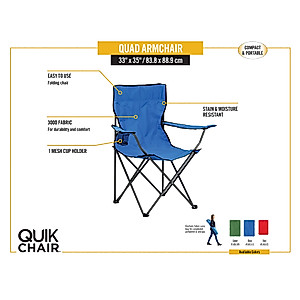 Quik Chair Portable Folding Chair with Arm Rest Cup Holder and Carrying and Storage Bag, Blue