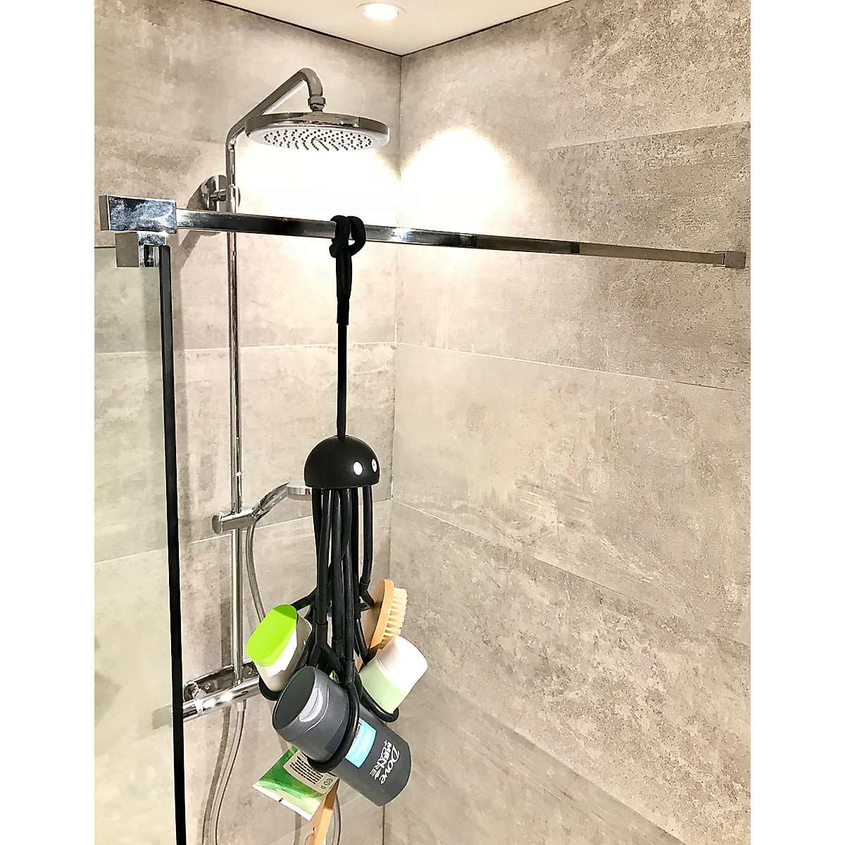 Formverket Octopus Shower Caddy (in Black) - Shower Gel Shampoo Conditioner Brush Razors Toys Accessories Holder, 9 Slots, Fits All Sized Bottles, Stylish Fun Bath Shower Organizer, Designed in Sweden