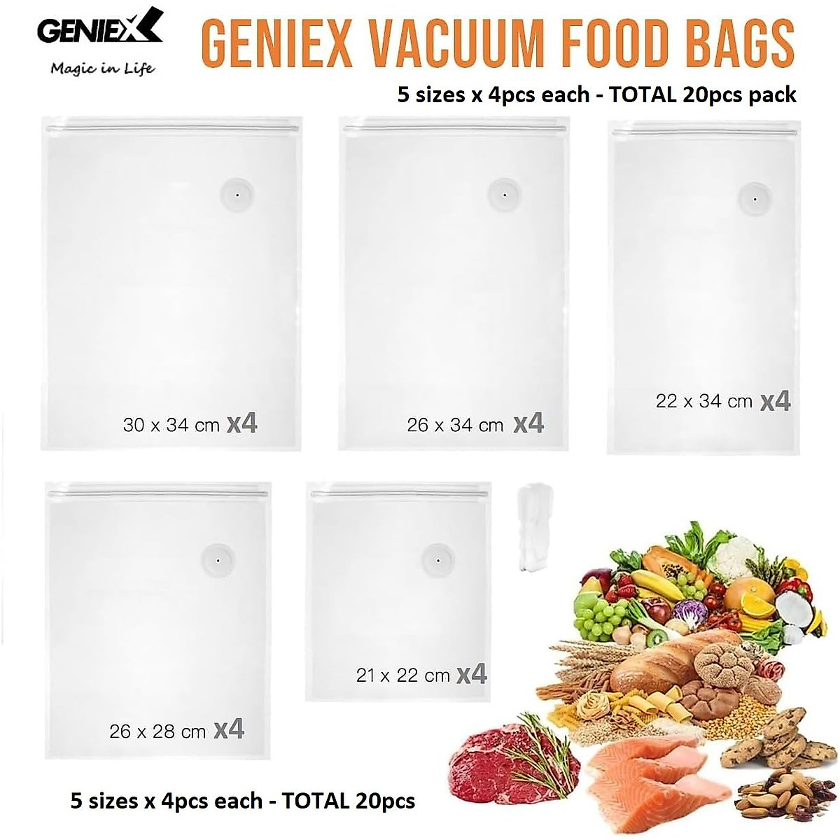 Vacuum Seal Bags for Food, Reusable Freezer Vacuum Storage Bags, Vacuum Food Saver Bags for Vacuum Sealer Hand held | Enhanced Air Valve, Easy Vacuum, Less Waste, Keep Fresh (20pcs pack)