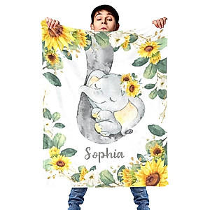CUXWEOT Watercolor Elephant Sunflower Baby Blankets with Name Custom Baby Nursery Blanket for Boy Girl 30x40 Inches