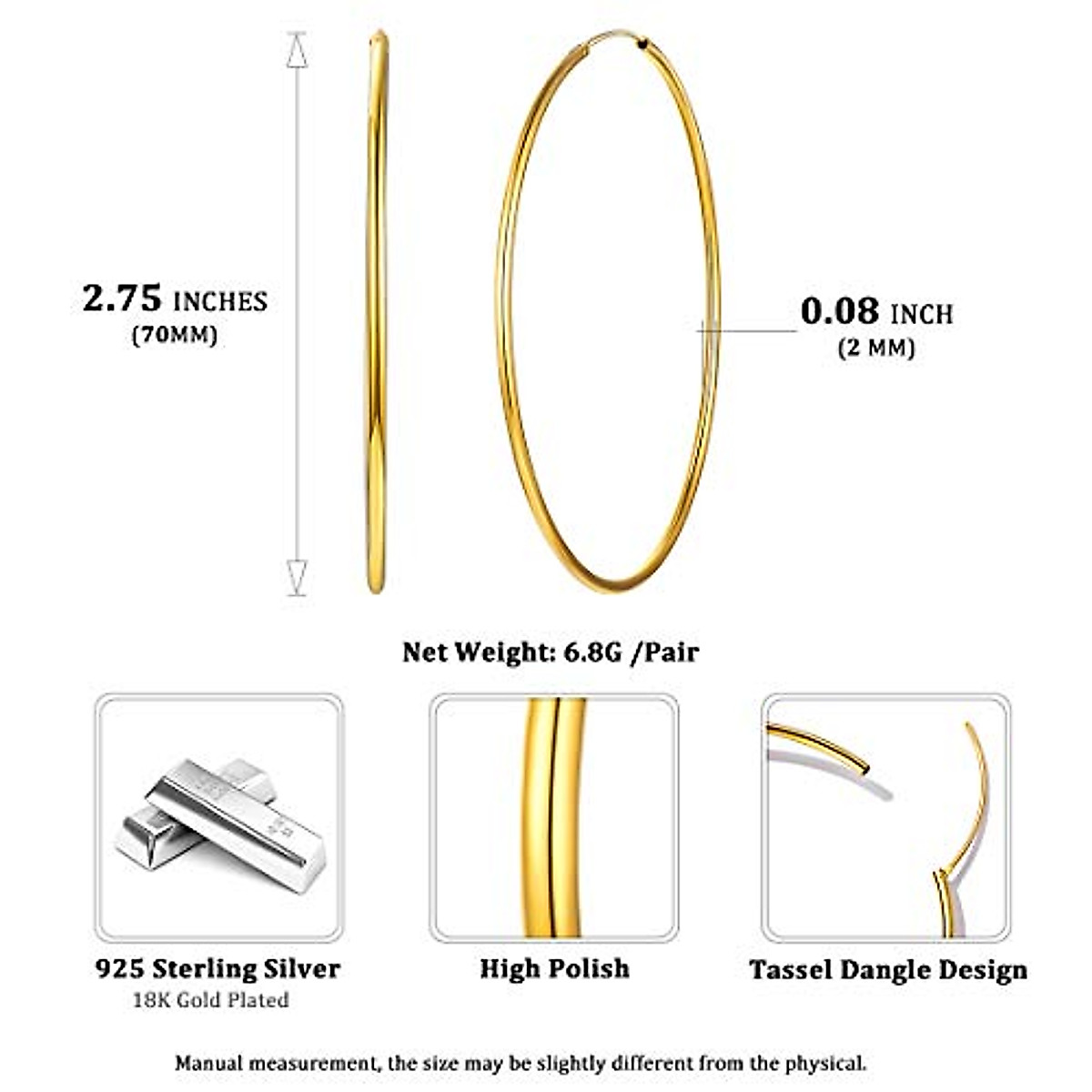 ChicSilver Huge Hoop Earrings, Hypoallergenic 18K Gold Plated Sterling Silver Hoop Earrings Endless Circle Big Hoops for Women (70mm)