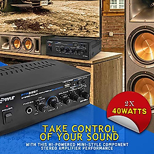 Pyle Bluetooth Mini Blue Series Home Audio Amplifier - Compact Desktop Home Theater-Stereo Amplifier Receiver with USB Charge Port - Pager & Mixer Karaoke Modes - Mic Input (40 Watt x 2) - PTA22BT