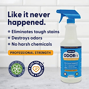 Origin Labs OdorFx Pet Stain and Odor Remover for Pet Stains and Odors, Fragrance Free Rug, Upholstery, and Carpet Cleaner Solution, Probiotics and Enzyme Cleaner Spray No Harsh Chemicals, 32 Fl Oz