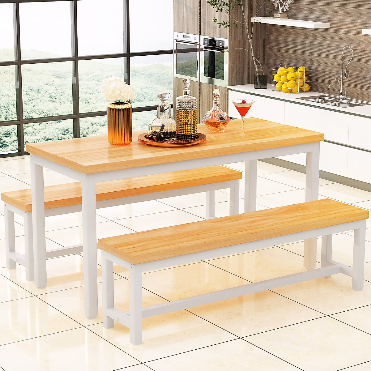 AWQM Dining Room Table Set, Kitchen Set with 2 Benches, Ideal for Home, and Room, Breakfast of 43.3x23.6x28.5 inches, Benches 38.5x11.8x17.5 Beige