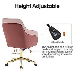 KCC Velvet Home Office Desk Chair with Gold Base, Modern Height Adjustable 360° Swivel Upholstered Vanity Chairs with Arms for Living Room Bedroom, Rose