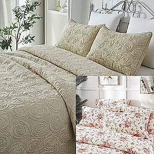 Brandream 5-Piece Beige Quilts 100% Cotton King Size Quilt Bedding Set Shabby Rustic Rose Matelasse Coverlet Set
