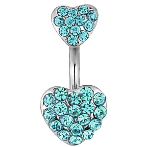 Forbidden Body Jewelry Surgical Steel Aqua Blue Pave Jeweled Double Heart Belly Button Ring