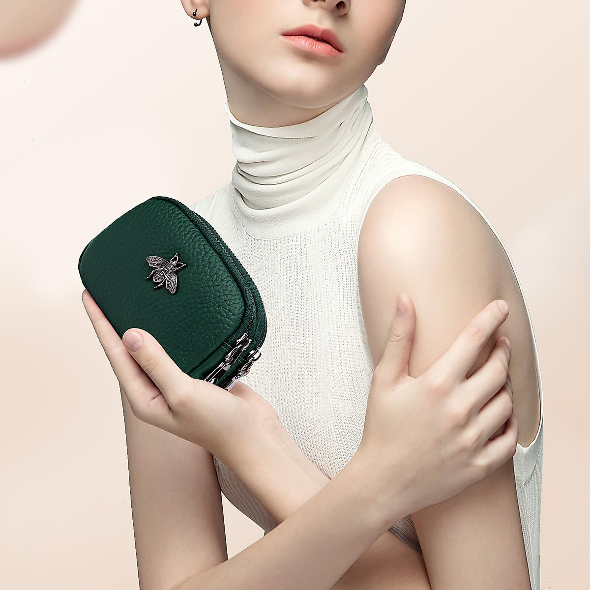 imeetu Women Leather Coin Purse, Small 2 Zippered Change Pouch Wallet(Green)