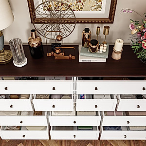 ECACAD Vintage Storage Dresser with 12 Drawers & Brown Top, 61" L Wood Double Dresser Chest of Drawers with Metal Handles for Bedroom, Living Room, White