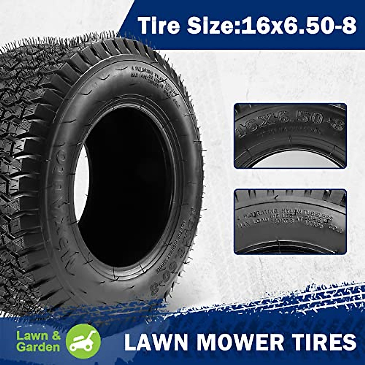 MaxAuto 16x6.50x8 Lawn Tractor Tires 16x6.50-8 Lawn Mower Tire 16x6.50 8 Garden Tractor Tire, 4Ply Tubeless, Set of 2