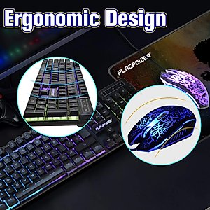 FLAGPOWER Gaming Keyboard and Mouse, Gaming Mouse Pad Combo, 3 Colors Changeable Backlit Mechanical Feeling Keyboard with 4 Colors Breathing LED Backlight Mouse for PC Laptop Computer Game and Work