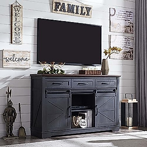 SinCiDo Bedroom TV Stand for 60 Inch TVs, Farmhouse Entertainment Center with 3 Drawers, Rustic Wood TV Console Cabinet with Sliding Barn Door for Bedroom, Living Room, Dining Room, Dark Grey
