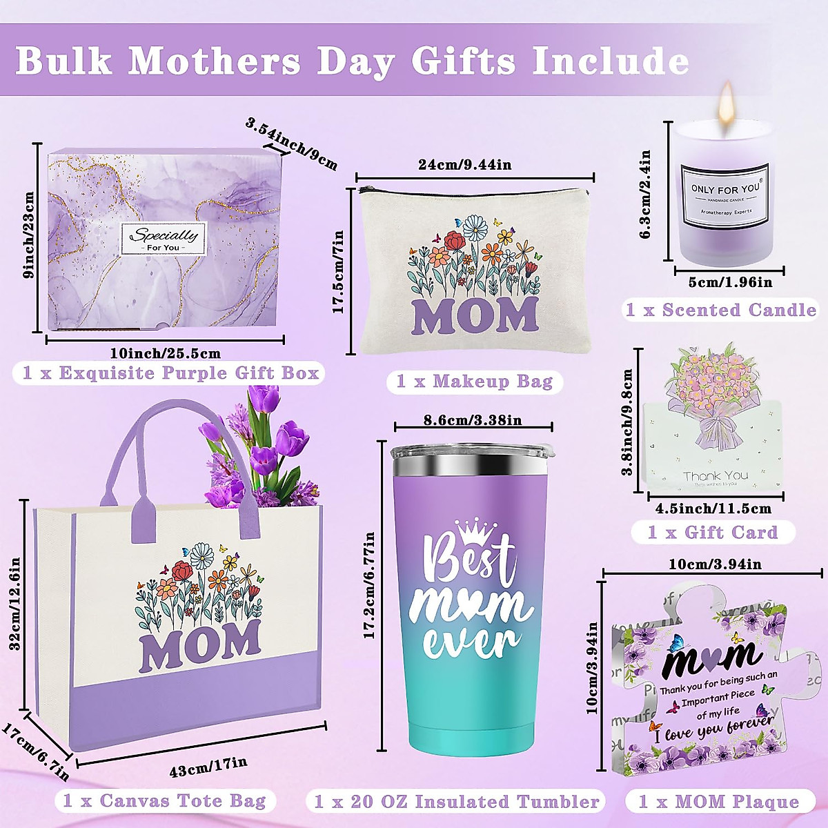 HULASO Mothers Day Gifts for Mom from Daughter, Fun Birthday Gifts for Mom Women with 20 Oz Tumbler Mothers Day Cards Canvas Tote Bag Scented Candle Makeup Bag Cute Acrylic Plaque Sign