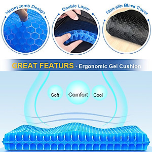 Gel Seat Cushion, Large Cooling Gel Cushion Breathable Honeycomb Chair Pads Gel Cushion with Non-Slip Cover for Home Office Chair Car Seat Wheelchair Absorbs Body Pressure Points, As Seen on TV