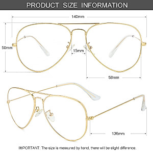Classic Aviator Blue Light Glasses for Women Men, Metal Frame Clear Lens Eyeglasses (Gold)