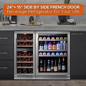 Ca'Lefort Wine Beverage Refrigerator - 39 Inch 34-65°F Drink Fridge Glass Door, 3 LED Beverage Cooler Built-in or Freestanding, Holds 180 Cans and 28 Bottles (24'' & 15" Bundle)