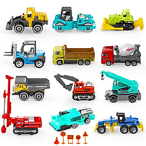 17 Metal Construction Vehicles Toys, Small Excavator Wheels Cars Mini Construction Trucks Toys for Boys Kids Toddlers Christmas Stocking Stuffers Cake Decorations Party Favors