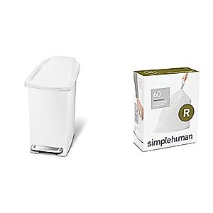 simplehuman 10 litre slim step can white plastic + code R 60 pack liners
