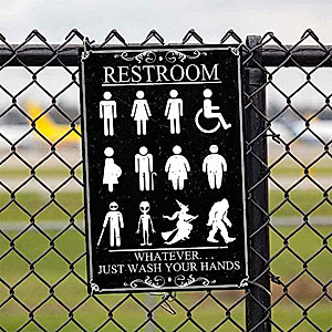 Garnamy Funny Restroom Sign Just Wash Your Hands Vintage Metal Signs Inclusive Bathroom Door Gender Sign for Toilet Home Hotel Wall Decor 8 x12 Inch, Black