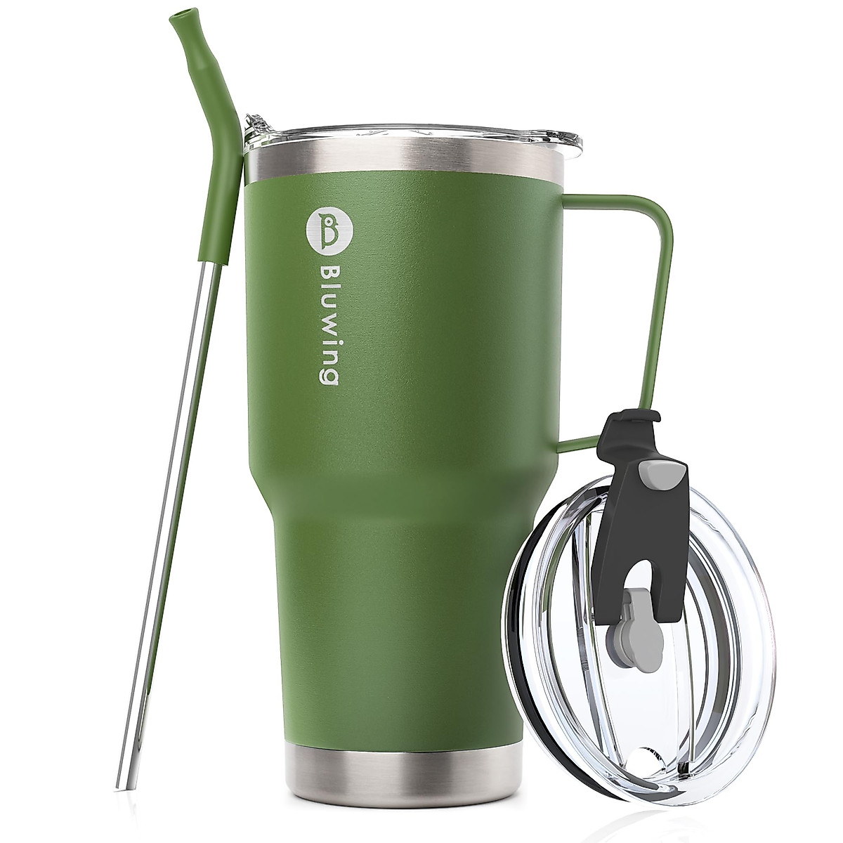 Bluwing Travel Mugs with Handle 30 oz Stainless Steel Double Wall Insulated Coffee Tumblers with Lid and Straw (Grass Green)