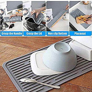 Silicone Dish Drying Mat 18”x8”, Heat Resistant Trivets for Kitchen Counter, Draining Mat, Sink Mat, Hot Pads for Multiple Usage (Light Grey)