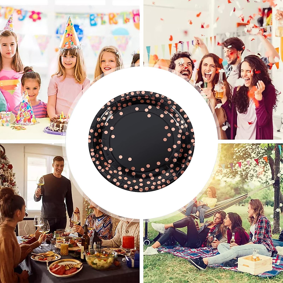 LDFDRT 50 Pack Disposable Party Paper Plates,7 inch Black and Rose Gold Plates,Golden Dots Plates,Metallic Foil Polka Plates for Graduation, Birthday, Weedings,Christmas