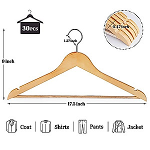HOUÍSM Wooden Hangers 30 Pack, Solid Wooden Suit Hangers Coat Hangers with Non-Slip Pants Bar, 360° Swivel Hook & Notches, Smooth Finish, Heavy Duty Clothes Hangers for Coats, Suits, Pants and Jackets