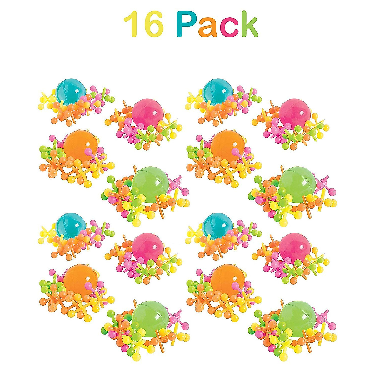 Kicko Plastic Jacks Set Jacks Game - Assorted Neon Colors - Pack of 16-10 Jacks and 1 Ball Per Pack, Jacks and Balls are 1 Inch, Classic Game Set - for Kids, Party Favors, Fun, Toy,