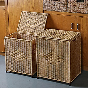 DIIDIIF Shelf Square Laundry Basket With 4 Legs, Handwoven Laundry Hamper With Lid, Metal Skeleton, Imitation Rattan Storage Basket With 2 Handles, 45X35X58cm