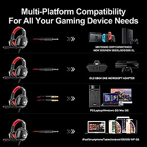 Gaming Headset with Microphone for Pc, Xbox One Series X/s, Ps4, Ps5, Switch, Stereo Wired Noise Cancelling Over-Ear Headphones with Mic, RGB, for Computer, Laptop, Mac, Nintendo, Gamer (Red)