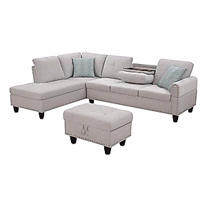 Devion Furniture Polyester Fabric Sectional Sofa with Lift-top Storage Ottoman, Tufted Design, in Light Gray Finish