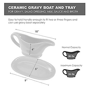 Bruntmor 20 Oz White Ceramic Gravy Boat With Tray, 20 Ounce Large Farmhause Gravy Boat With Saucer For Dinner Table Decoration
