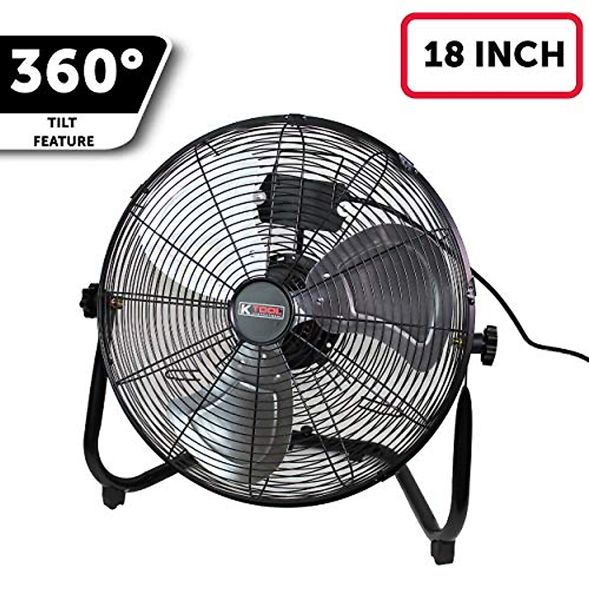 K Tool International 77721; 18” Floor Fan; Commercial, Residential, and Industrial Use, 3 Speed High Velocity Motor, Multiple Angle Tilt for Various Positions, 2,447 Max CFM, 1 Year Warranty, Black