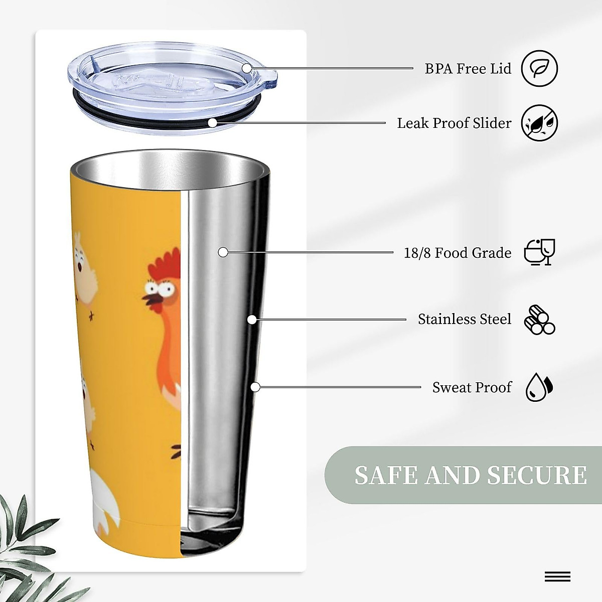 EVANEM 20 Oz Stainless Steel Tumbler With Straw Cleaner Chicken Chick Printed Insulated Cup Travel Coffee Mug Vacuum Insulated Tumblers For Home Office