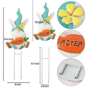 FUNPENY Set of 2 Metal Easter Gnomes Yard Signs Outdoor, 24.6 Inch Bunny Rabbits Stakes Easter Decorations for Garden, Lawn, Party, Easter Props Decor