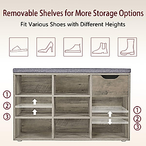 DINZI LVJ Shoe Bench, Entryway Storage Bench with Drawer and 8 Cubbies, Cubby Shoe Rack with Adjustable Shelves, Shoe Organizer Cabinet for Living Room, Bedroom, Mudroom, Closet and Garage, Grey Wash