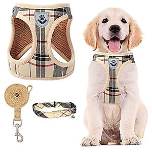 PUPTECK Adjustable Dog Harness Collar and Leash Set Step in No Pull Pet Harness for Small Medium Dogs Puppy and Cats Outdoor Walking Running, Soft Mesh Padded Reflective Vest Harnesses, Beige XXS