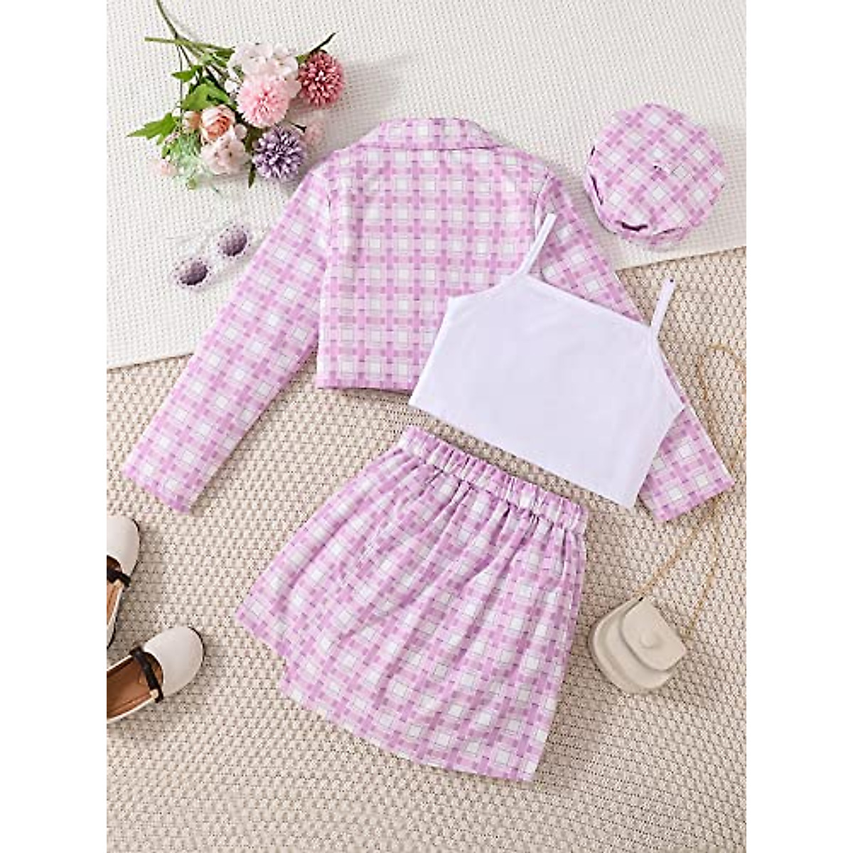 SOLY HUX Girl's Plaid Print Cami Crop Tops and Bodycon Mini Skirt with Blazer Outwear & Hat 4 Piece Outfit Purple and White 9Y