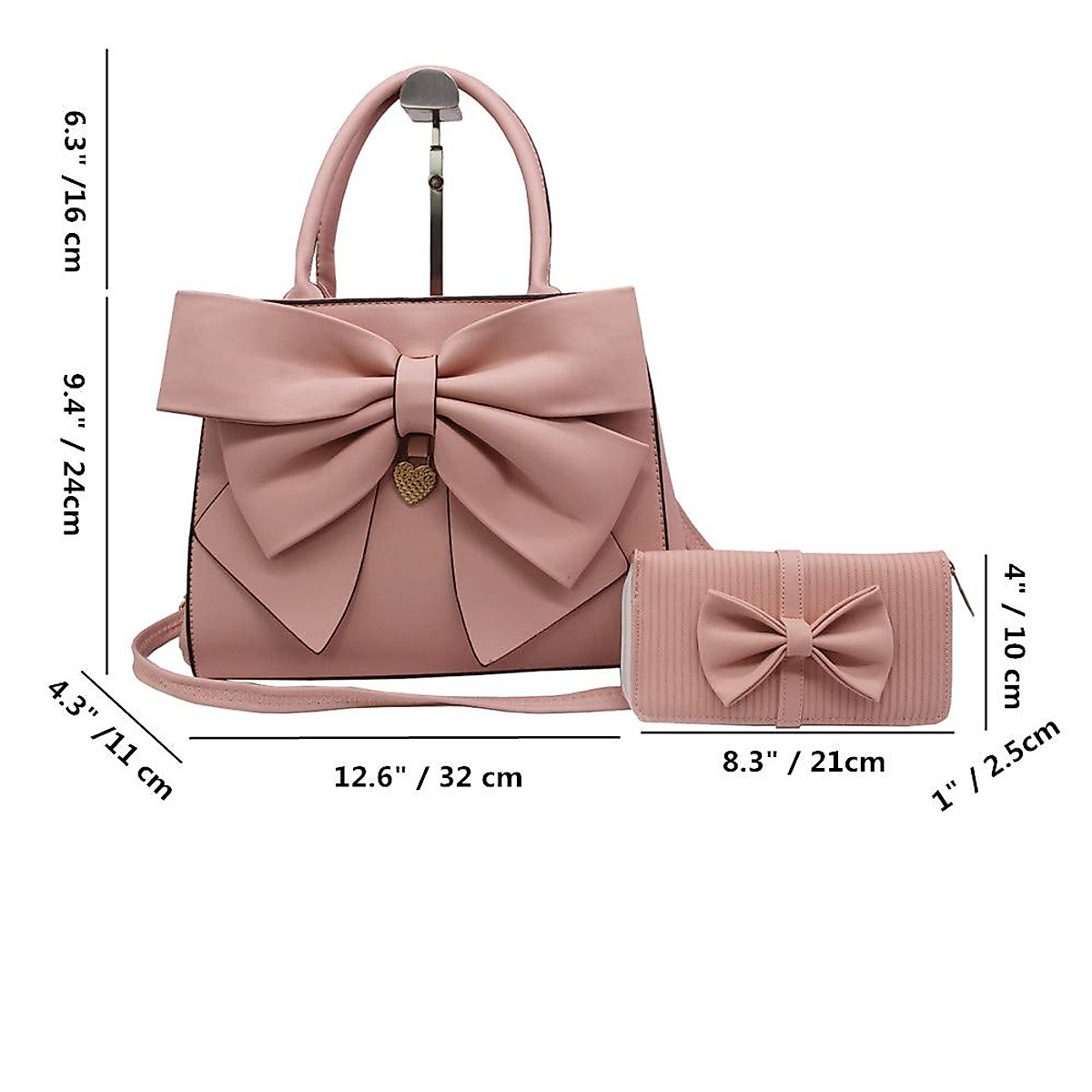 Women Handbag 2 Pcs Set Big Bow-Knot PU Leather Top Handle Bag Designer Tote Bag Clutch Wallet Set for Ladies, Pink