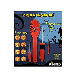 KINREX Pumpkin Carving Kit – Halloween Carve Tools Set For Kids & Adults, 8 Paper Stencils Patterns Designs Templates Jack o Lantern Decoration, Includes Small & Big Saw Tool, Scooper & Drill