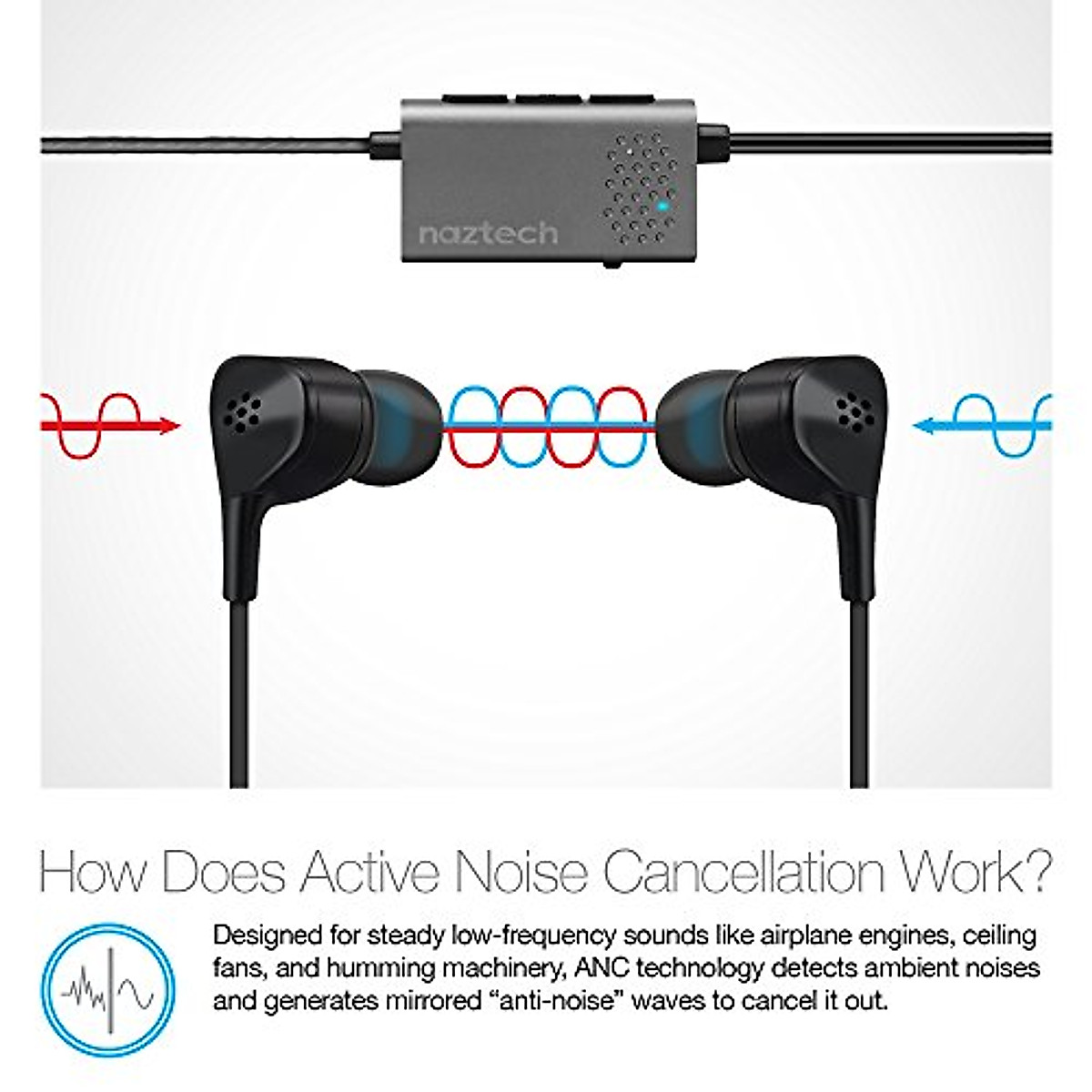 Naztech X1 ANC Active Noise Cancel Earphones In-Ear Comfort & Mic + Travel Case & Airline Adapter Compatible For iPhone, Samsung +More - Black [14509]