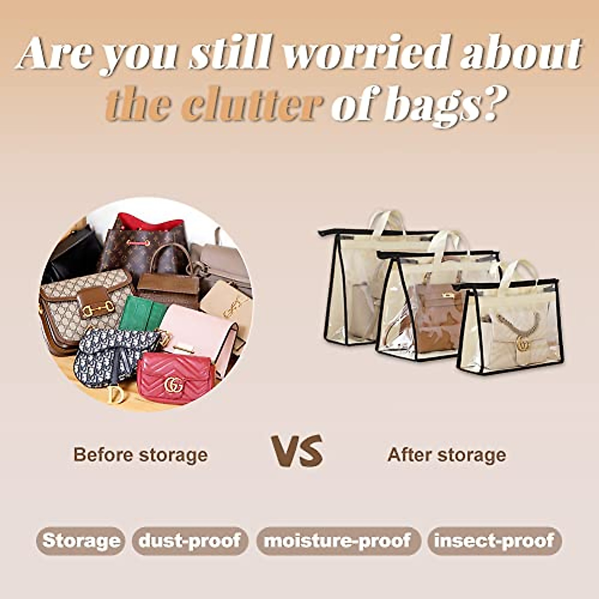 2 PCS Hanging Handbag Storage Organizer Purse Dustproof Storage Bag Transparent Non-woven Storage Bag with Zipper and Handle ( L)